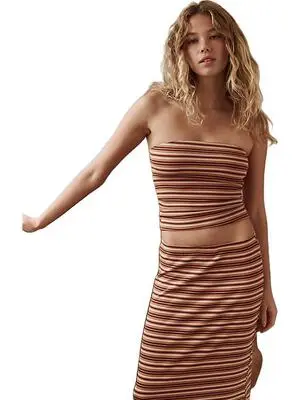 Free People Striped Tube Top And Maxi Skirt Set - Toffee Combo