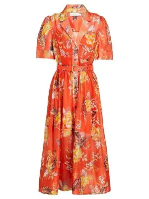 Zimmermann Belted Floral-print Linen And Silk-blend Gauze Midi Shirt Dress - Orange