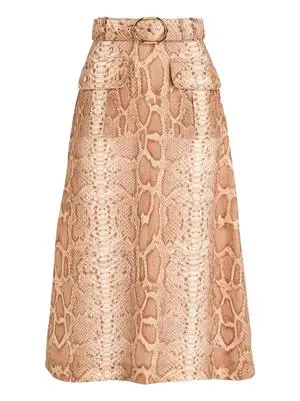 Zimmermann Belted Snakeprint Linen Midi Skirt - Sand