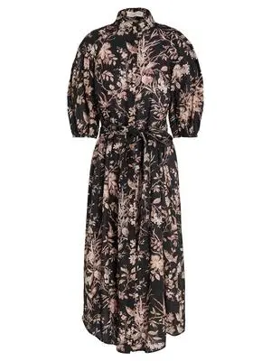 Zimmermann Belted Floral-print Linen Midi Shirt Dress - Black