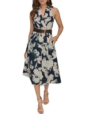 Donna Karan New York Belted Fit & Flare Midi Dress - Nightfall Multi