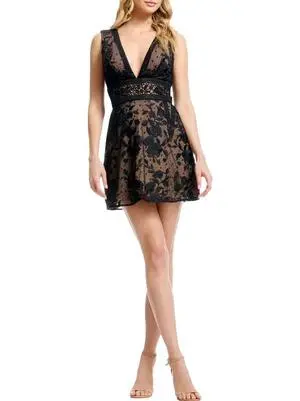 Dress The Population Astrid Floral Embroidered Fit & Flare Minidress - Black-nude