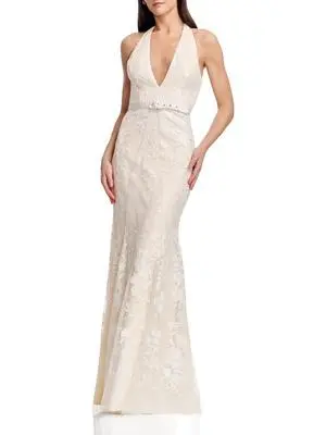 Dress The Population Devin Embroidered Lace Halter Gown - Off White