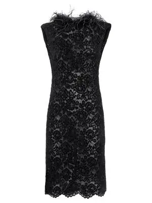 DES_PHEMMES Feather-Trimmed Lace Midi Dress Black