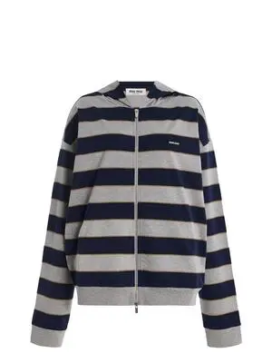 Miu Miu Striped Cotton Jersey Zip-up Hoodie - Grey
