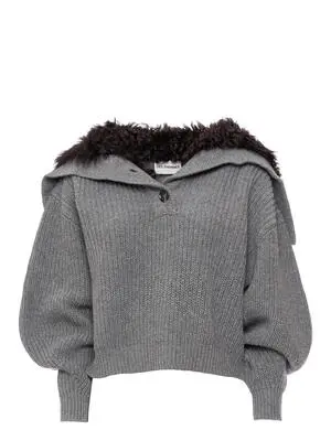 DES_PHEMMES Fur-trimmed Wool-blend Pullover - Light Grey