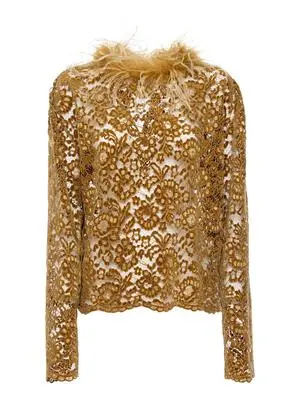 DES_PHEMMES Feather-trimmed Lace Top - Olive