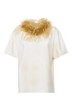 DES_PHEMMES Feather-trimmed T-shirt - Ivory