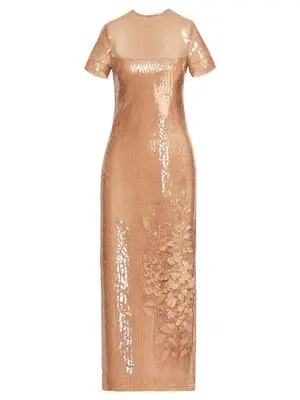 Oscar De La Renta Foxglove Sequin Tulle Dress - Beige