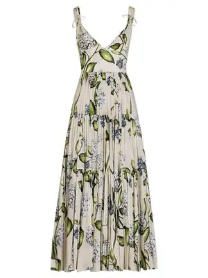 Oscar De La Renta Floral Print Cotton Poplin V-neck Dress - One-color