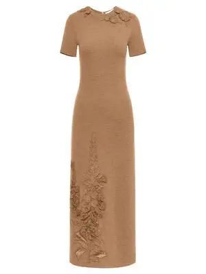 Oscar De La Renta Foxglove Embroidered Knit Dress - Brown