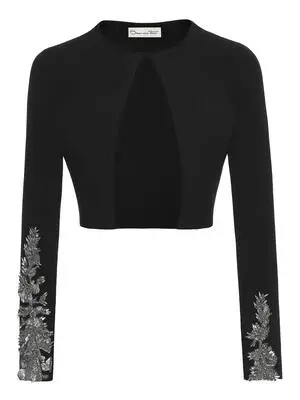 Oscar De La Renta Feather Sequin Embroidered Knit Cardigan - Black