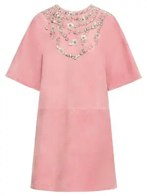 Oscar De La Renta Crystal Embroidered Suede Shift Dress - Pink