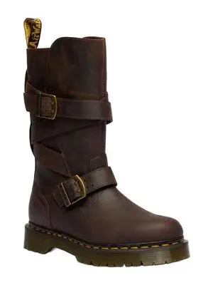 Dr. Martens Anistone Crazy Horse Leather Biker Boots - Brown