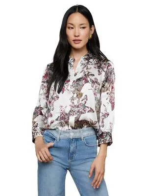 L'Agence Dani Silk Blouse Top - White Multi Small Butterfly Jungle