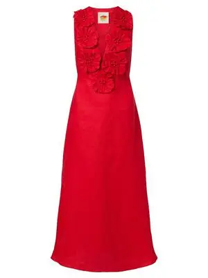 Farm Rio Floral-appliqué Halterneck Linen Midi Dress - Red
