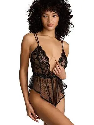 Victoria's Secret Dream Angels Sheer Dot Mesh & Lace Plunge Flutter Romper - Black