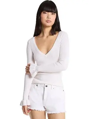 Michael Kors Ribbed Wool Blend V-neck Sweater - White