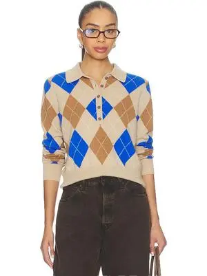 WHITE & WARREN Cashmere Argyle Long Sleeve Polo - Camel Blue Combo