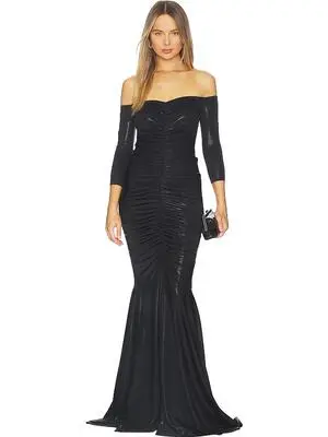 Norma Kamali Off Shoulder Shirred Front Fishtail Gown - Black