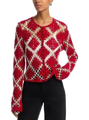 FRAME The Crochet Diamond Cardigan Sweater - Cherry Red
