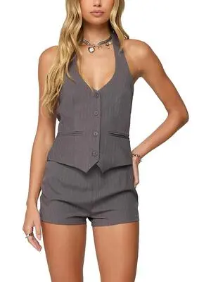 EDIKTED Riya Pinstripe Halter Top - Gray