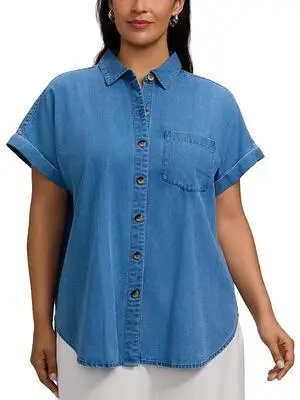 Foxcroft Abigail Short Sleeve Denim Shirt - Medium Wash
