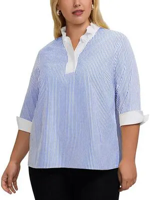 Foxcroft 3/4 Sleeve Stripe Shirt - Powder Blue