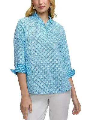 Foxcroft Tammy Geo Lattice Print Top - Blue/ White