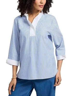 Foxcroft Tammy Stripe 3/4 Sleeve Pullover Shirt - Powder Blue