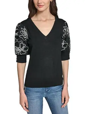 Karl Lagerfeld Floral Short Sleeve Sweater - Black