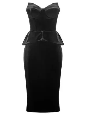 IMROSKA Velvet Peplum Strapless Midi Dress - Black
