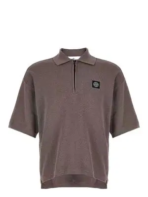 Stone Island Half Zip Logo Patch Polo Shirt - Brown