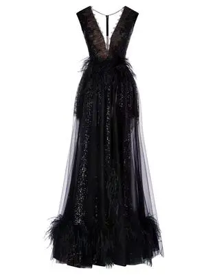 IMROSKA Lace And Feather-trim Maxi Dress - Black