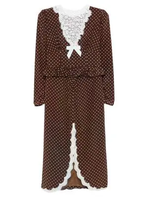 Alessandra Rich Polka-dot Lace-detail Midi Dress - Brown
