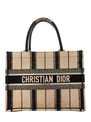 Dior Book Bayadere Stripe Embroidered Canvas Medium Tote Bag - Black