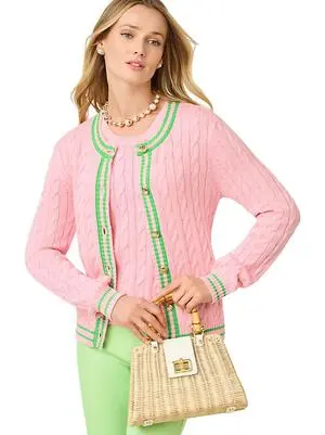 LILLY PULITZER Brockton Cabled Cardigan Conch Shell Pink X Jackfruit Green Tipping