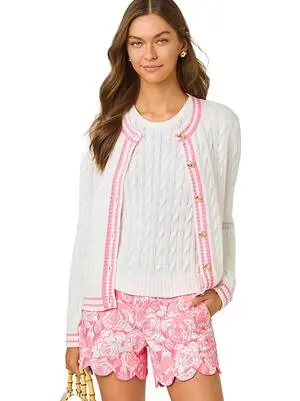 LILLY PULITZER Brockton Cabled Cardigan - Resort White X Conch Shell Pink Tipping