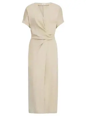 Brunello Cucinelli Viscose And Linen Fluid Twill Wrap-effect Dress With Monili - Neutrals