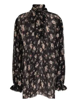 DOLCE & GABBANA Vintage Rose Print Tie-Neck Top