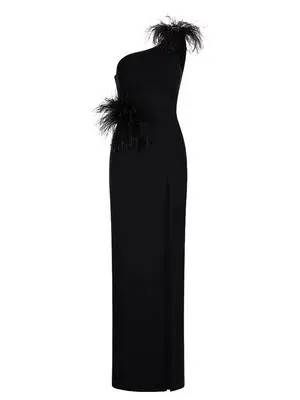IMROSKA Feather-detail One-shoulder Maxi Dress - Black