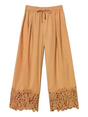 TWINSET Wide-leg Trousers With Scalloped Macramé Hem - Neutrals