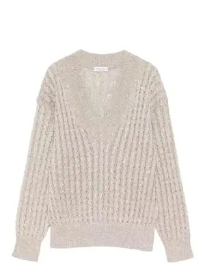 Brunello Cucinelli Sequin-embellished V-neck Sweater - Neutrals