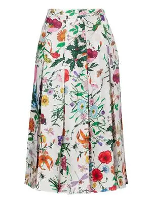 Gucci Floral Pleated Silk Twill Mid-length Skirt - White