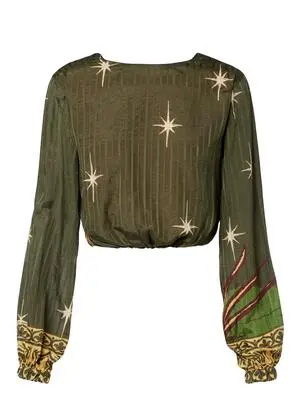 Johanna Ortiz Printed Silk And Cotton Jacquard Blouse Green