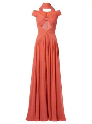 Elie Saab Gathered Lace-trimmed Silk Gown - Orange