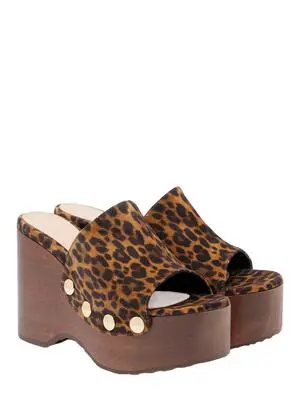 GIANVITO ROSSI Leopard-print Suede Wedge Mules - Brown
