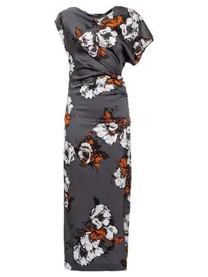 DES_PHEMMES Printed Stretch-satin Midi Dress - Dark Grey