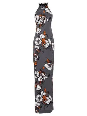 DES_PHEMMES Printed Stretch-satin Maxi Dress - Dark Grey