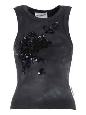 DES_PHEMMES Embellished Stretch-cotton Tank Top - Navy